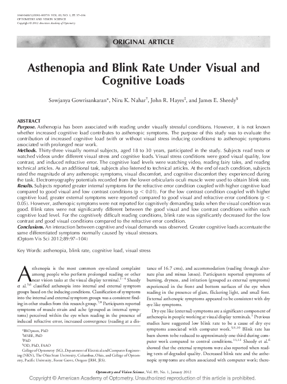 (PDF) Asthenopia and Blink Rate Under Visual and Cognitive Loads