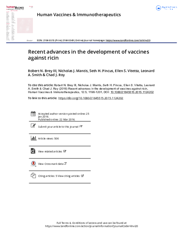 (PDF) Recent Advances in the Development of Vaccines against Ricin