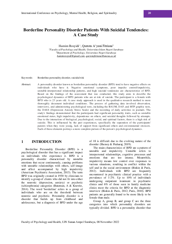(PDF) Borderline Personality Disorder Patients With Suicidal Tendencies: A Case Study