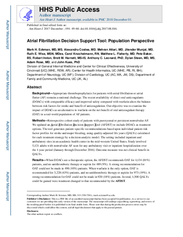 Pdf Atrial Fibrillation Decision Support Tool Population Perspective Mark Eckman
