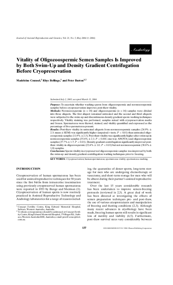 (PDF) Vitality of Oligozoospermic Semen Samples Is Improved by Both ...