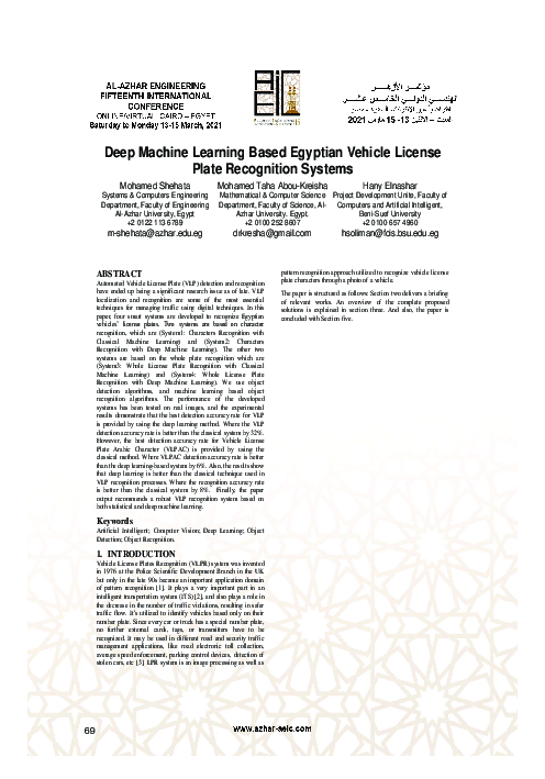 Pdf Deep Machine Learning Based Egyptian Vehicle License Plate Recognition Systems