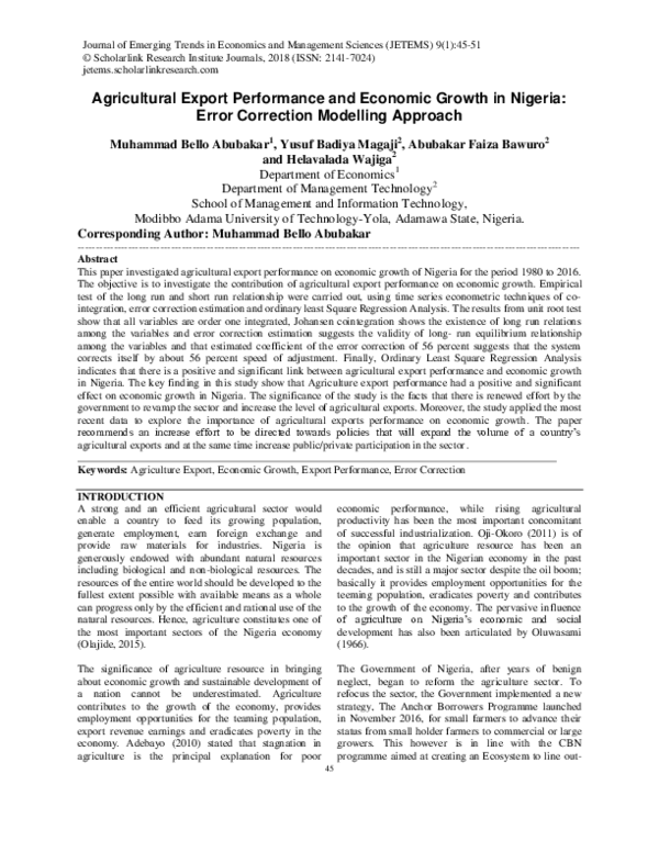 Pdf Agricultural Export Performance And Economic Growth In Nigeria Error Correction Modelling