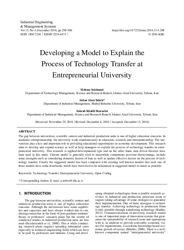 (PDF) Developing a Model to Explain the Process of Technology Transfer ...