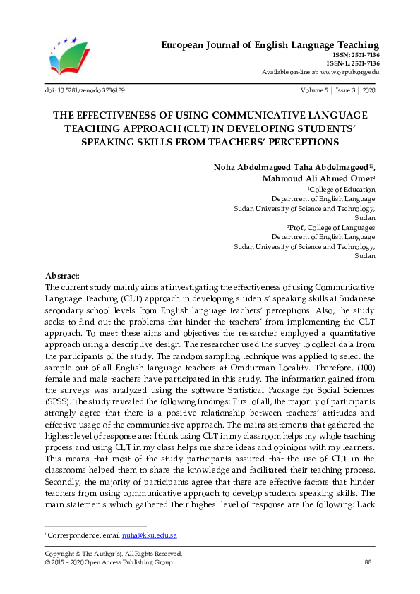 (PDF) The Effectiveness of Using Communicative Language Teaching Approach (CLT) in Developing ...