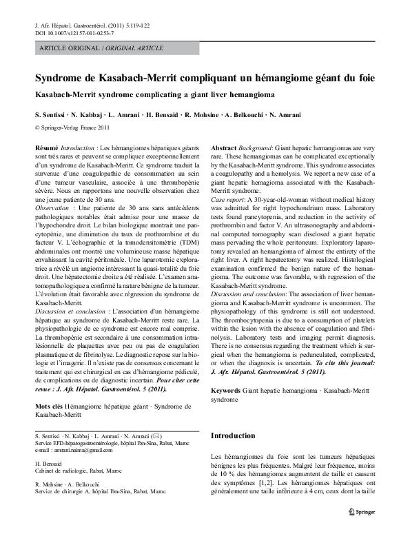 (PDF) Syndrome de Kasabach-Merrit compliquant un hémangiome géant du foie
