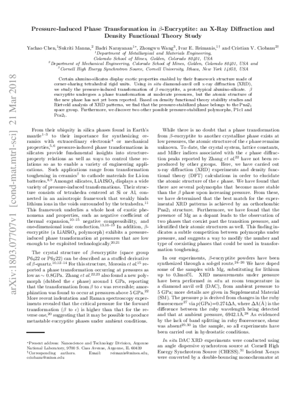 (PDF) Pressure-induced phase transformation in β-eucryptite: An X-ray diffraction and density ...