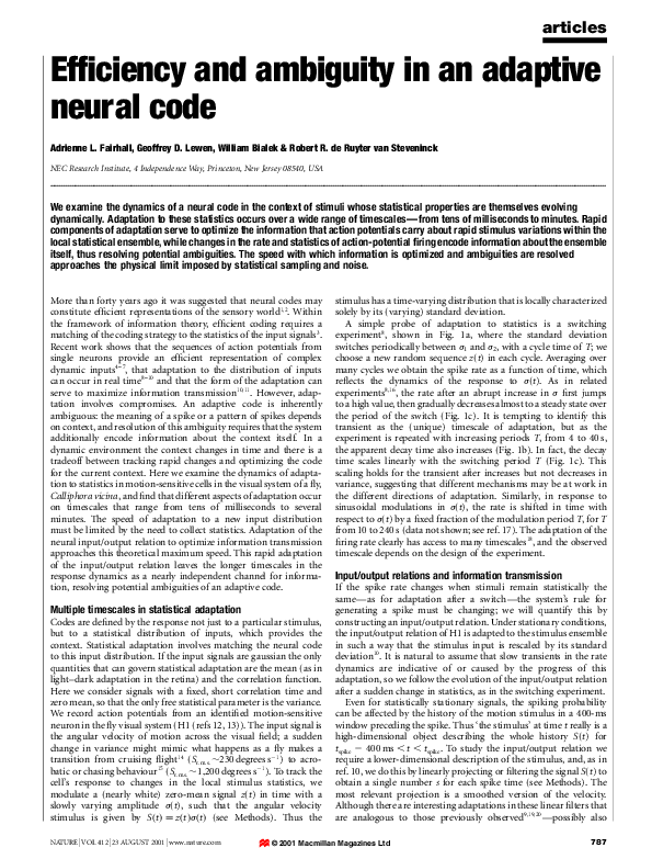 Pdf Efficiency And Ambiguity In An Adaptive Neural Code Adrienne Fairhall