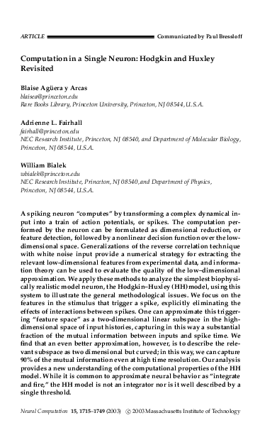 (PDF) Computation in a Single Neuron: Hodgkin and Huxley Revisited | Adrienne Fairhall ...