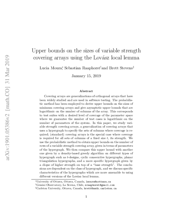 (PDF) Upper bounds on the sizes of variable strength covering arrays using the Lovász local lemma
