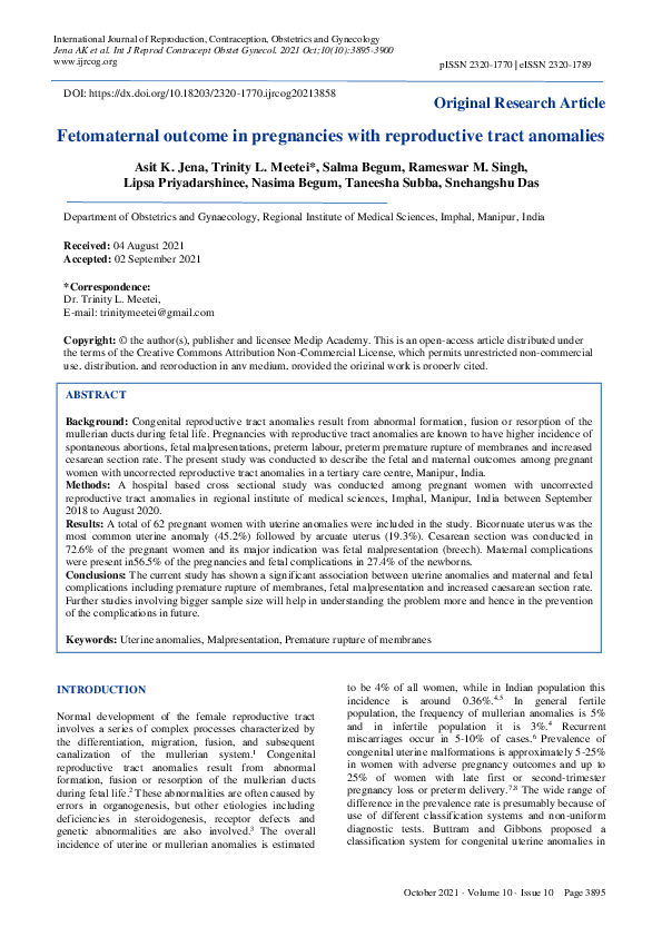 (PDF) Fetomaternal outcome in pregnancies with reproductive tract anomalies