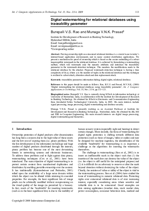 Pdf Digital Watermarking For Relational Databases Using Traceability Parameter