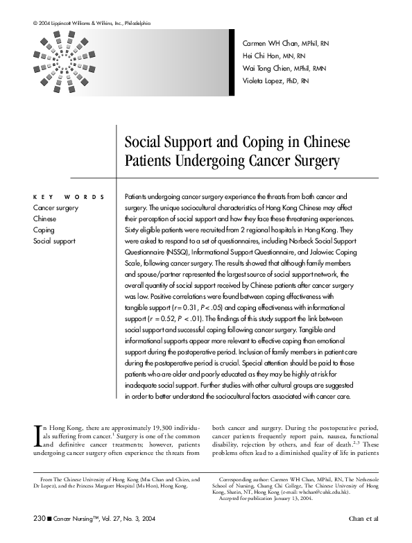 (PDF) Social Support and Coping in Chinese Patients Undergoing Cancer ...