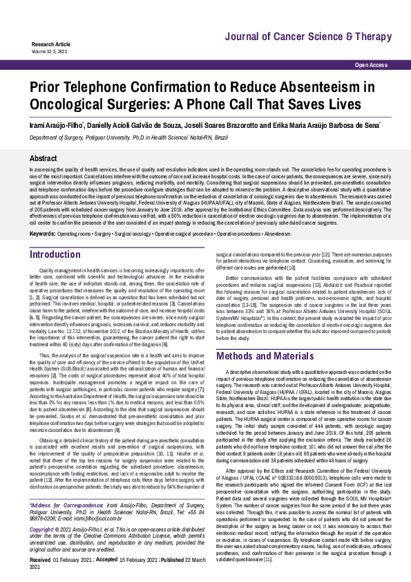 (PDF) Prior Telephone Confirmation to Reduce Absenteeism in Oncological ...