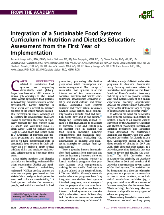 (PDF) Integration of a Sustainable Food Systems Curriculum in Nutrition ...