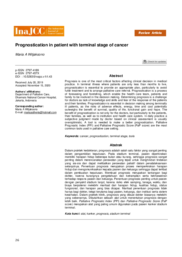 (PDF) Prognostication in patient with terminal stage of cancer