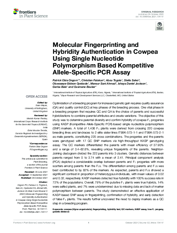 (PDF) Molecular Fingerprinting and Hybridity Authentication in Cowpea Using Single Nucleotide ...