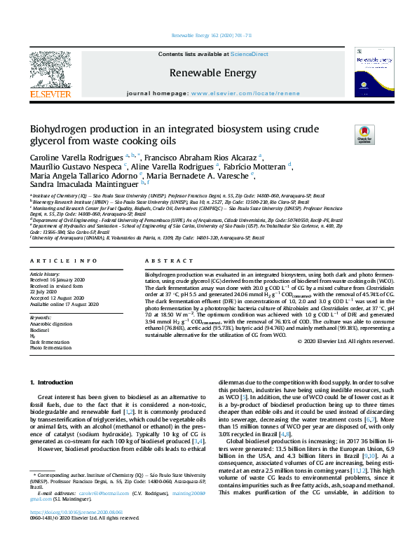 (PDF) Biohydrogen production in an integrated biosystem using crude glycerol from waste cooking oils