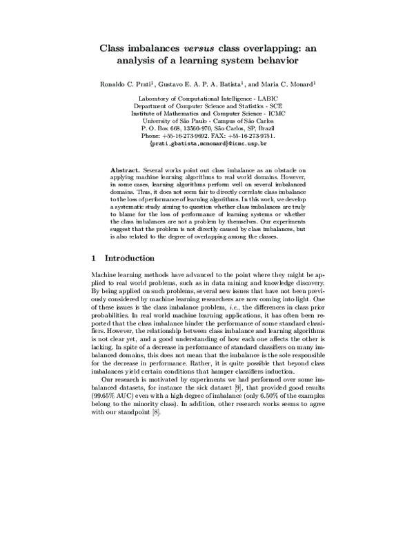 Pdf Class Imbalances Versus Class Overlapping An Analysis Of A Learning System Behavior