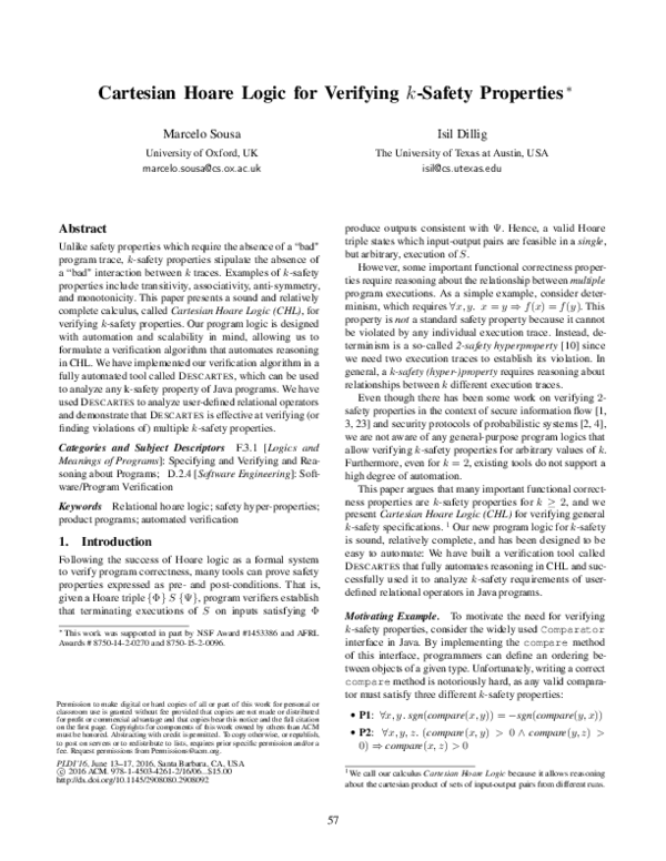 (PDF) Cartesian hoare logic for verifying k-safety properties