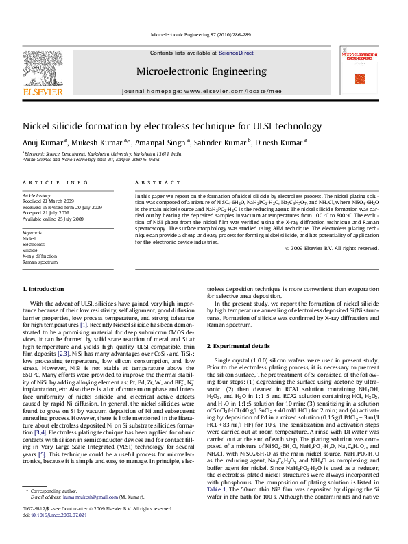 (PDF) Nickel silicide formation by electroless technique for ULSI ...