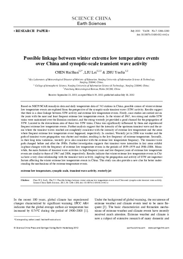 (PDF) Possible linkage between winter extreme low temperature events ...