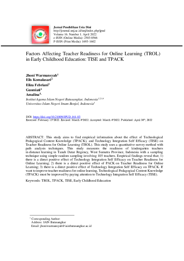 (PDF) Factors Affecting Teacher Readiness for Online Learning (TROL) in Early Childhood ...