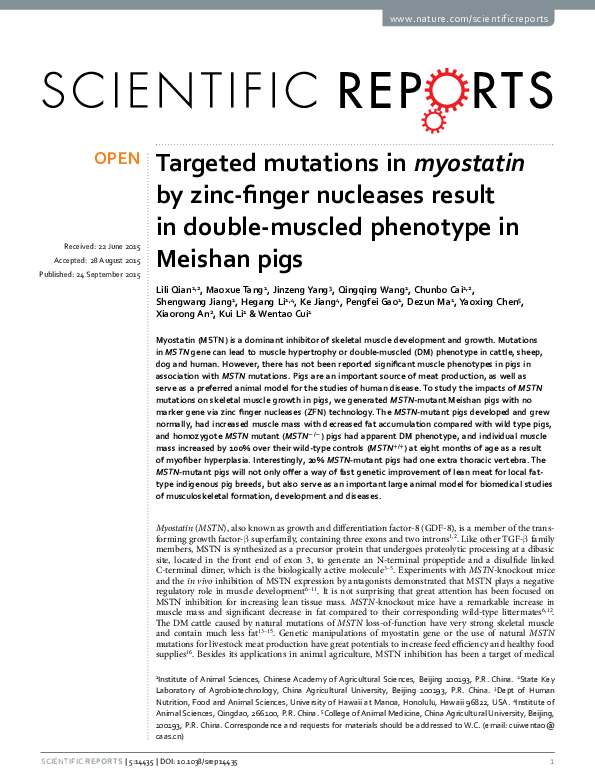 (PDF) Targeted mutations in myostatin by zinc-finger nucleases result ...