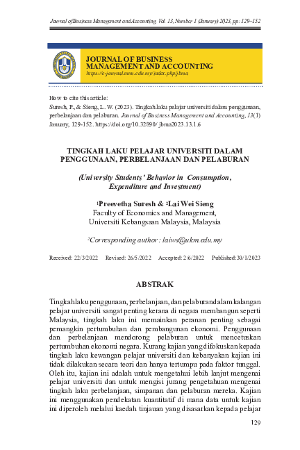 (PDF) Tingkah Laku Pelajar Universiti Dalam Penggunaan, Perbelanjaan Dan Pelaburan