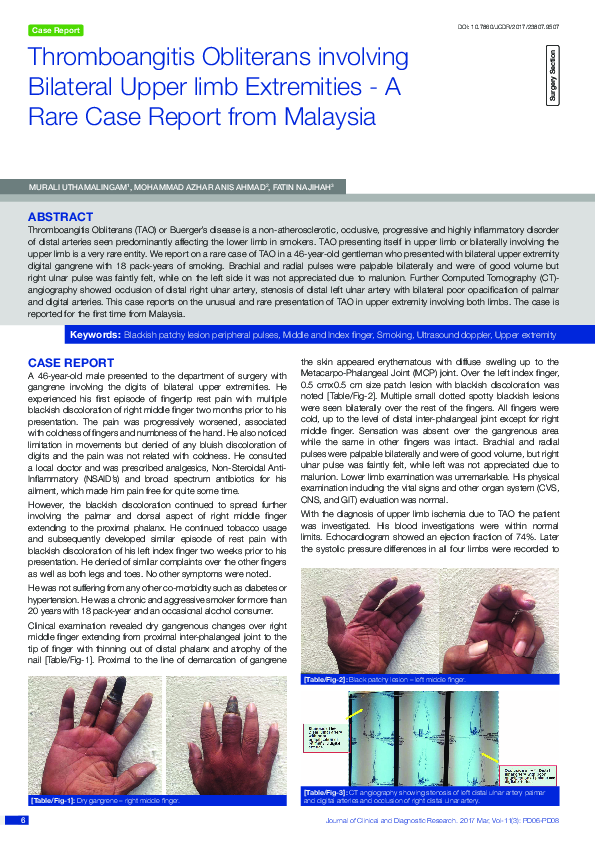(PDF) Thromboangitis Obliterans involving Bilateral Upper limb ...