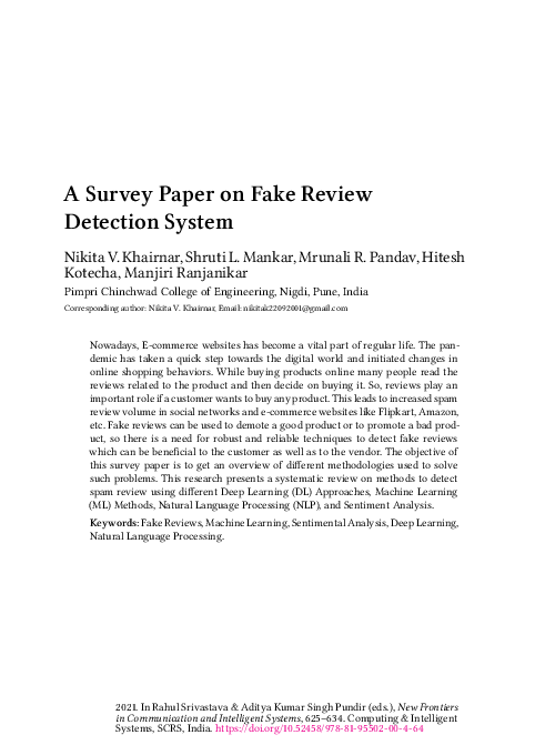 (PDF) A Survey Paper on Fake Review Detection System