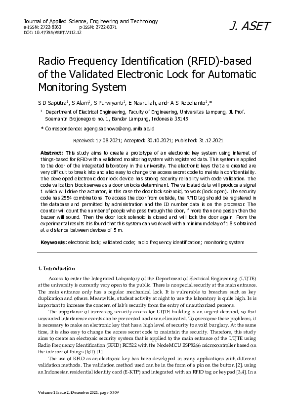 (PDF) Radio Frequency Identification (RFID)-Based Validated Electronic Lock for Automatic ...