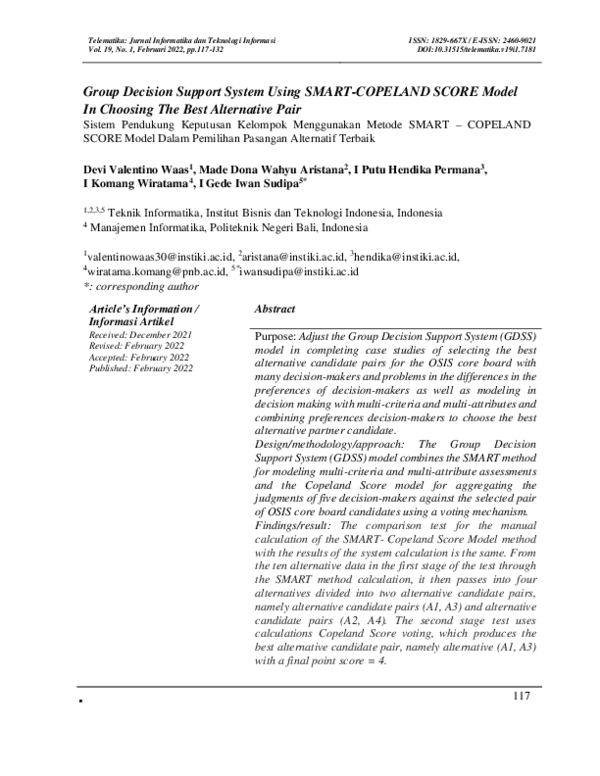 (PDF) Group Decision Support System Using SMART-COPELAND SCORE Model In Choosing The Best ...