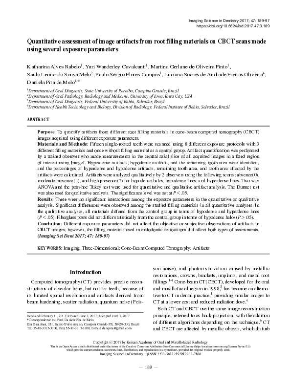 (PDF) Quantitative assessment of image artifacts from root filling materials on CBCT scans made ...