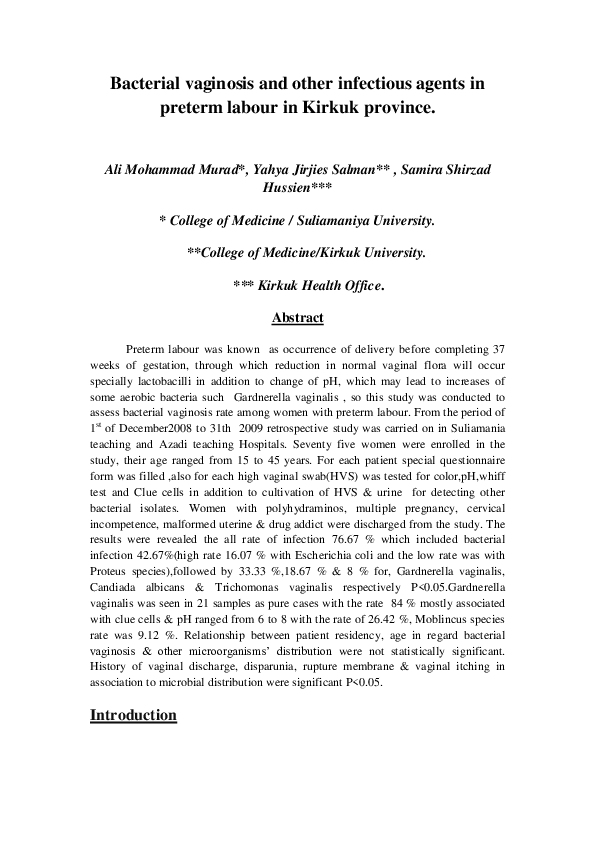 (PDF) Bacterial vaginosis and other infectious agents in preterm labour in Kirkuk province