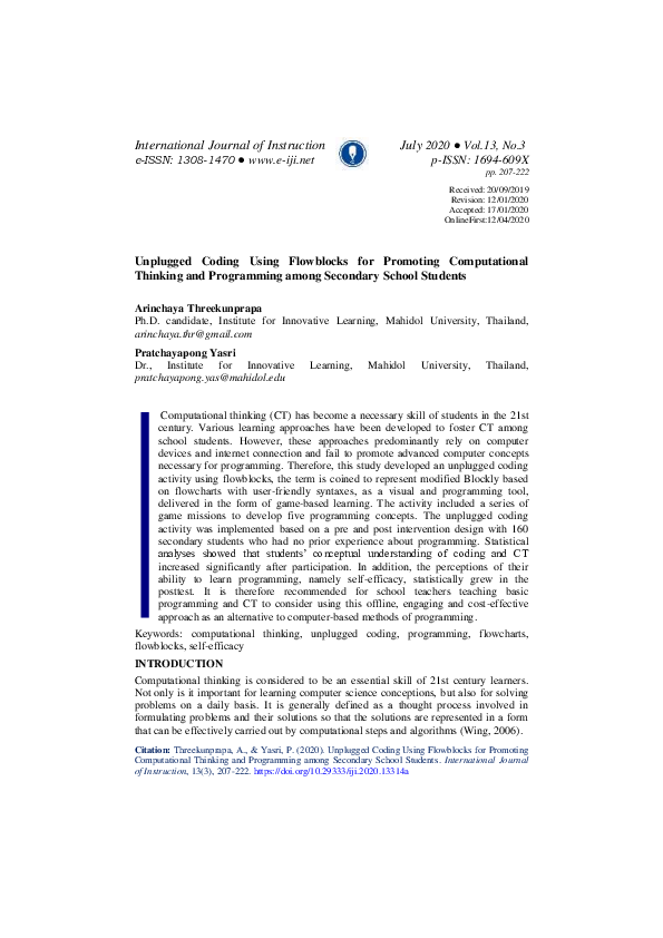 (PDF) Unplugged Coding Using Flowblocks for Promoting Computational Thinking and Programming ...
