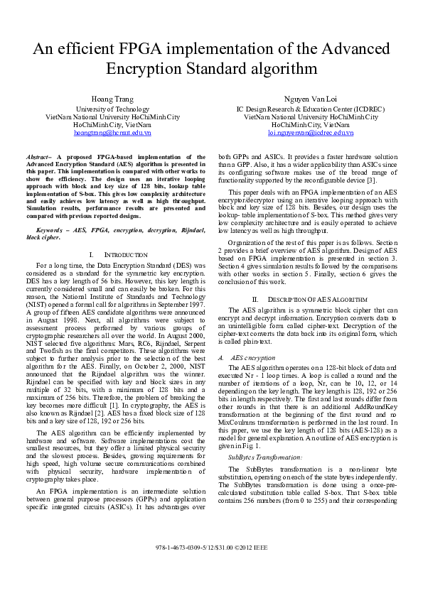 Pdf An Efficient Fpga Implementation Of The Advanced Encryption