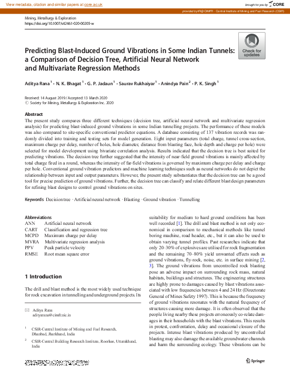 Predicting Blast Induced Ground Vibrations In Some Indian Tunnels A Comparison Of Decision Tree 3033