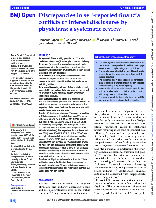 (PDF) Discrepancies in self-reported financial conflicts of interest ...