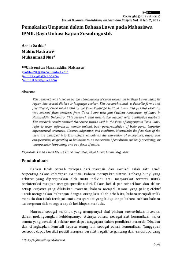 (PDF) Pemakaian Umpatan dalam Bahasa Luwu pada Mahasiswa IPMIL Raya Unhas: Kajian Sosiolingustik