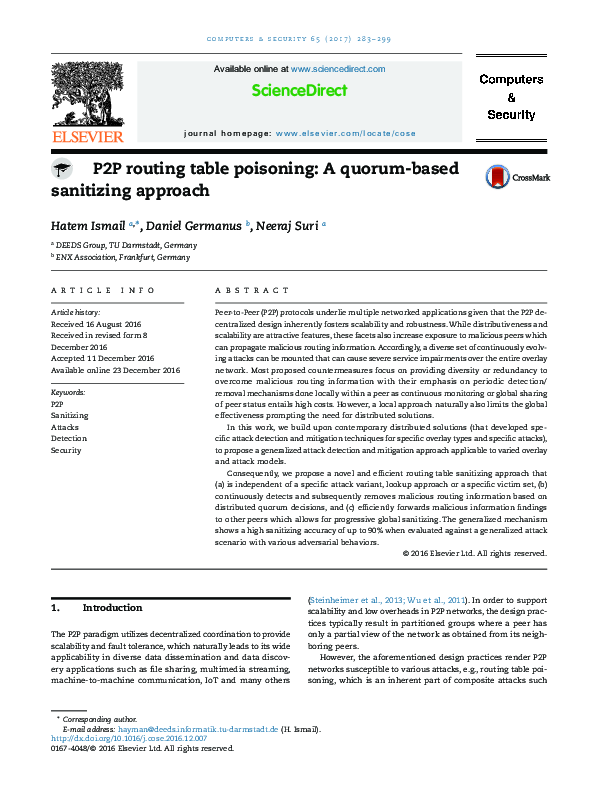 (PDF) P2P routing table poisoning: A quorum-based sanitizing approach