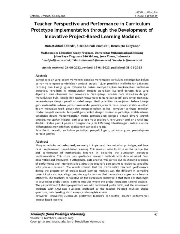 (PDF) Teacher Perspective and Performance in Curriculum Prototype ...
