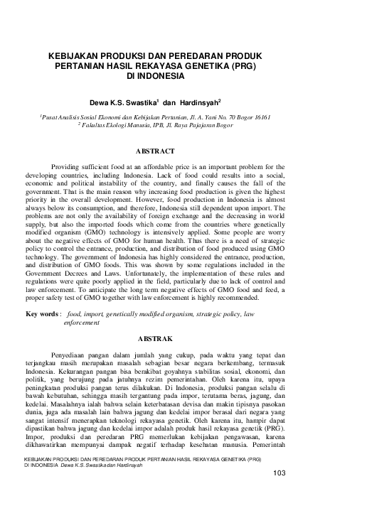 (PDF) Kebijakan Produksi Dan Peredaran Produk Pertanian Hasil Rekayasa ...