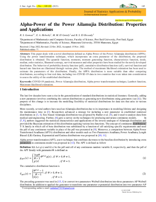 (PDF) Alpha-Power of the Power Ailamujia Distribution: Properties and Applications