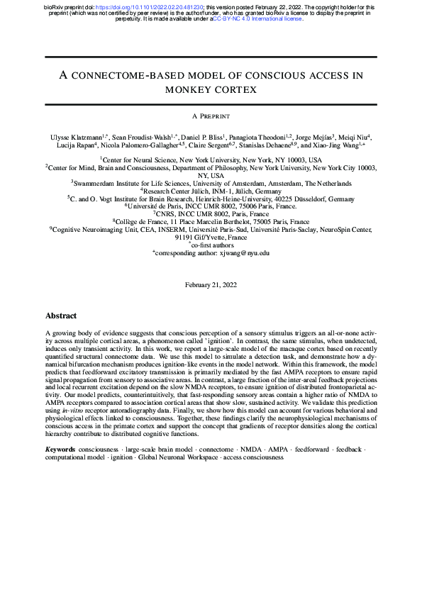 (PDF) A connectome-based model of conscious access in monkey cortex