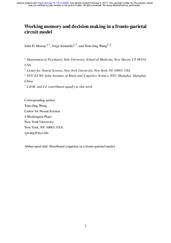 (PDF) Working memory and decision making in a fronto-parietal circuit model