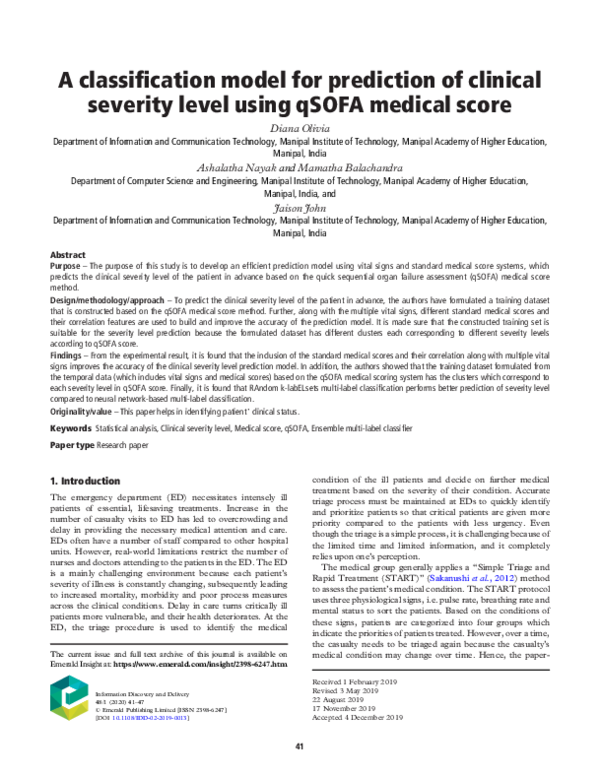 (PDF) A classification model for prediction of clinical severity level ...
