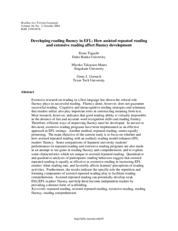 (PDF) Developing reading fluency in EFL: How assisted repeated reading and extensive reading ...