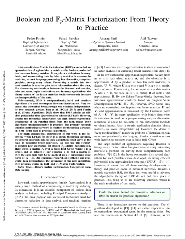 Pdf Boolean And Mathbb{f} {p} Matrix Factorization From Theory To Practice
