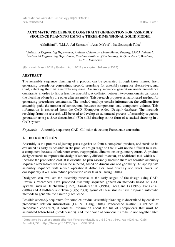 (PDF) Automatic Precedence Constraint Generation for Assembly Sequence Planning using a Three ...